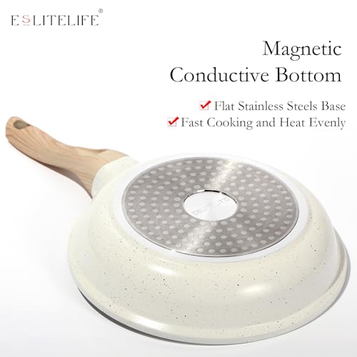 ESLITE LIFE Nonstick Ceramic Frying Pans Skillets Set, Non-Toxic Egg Omelette Kitchen Cooking Pans Compatible with All Stovetops (Gas, Electric & Induction), PTFE & PFOA Free (White)