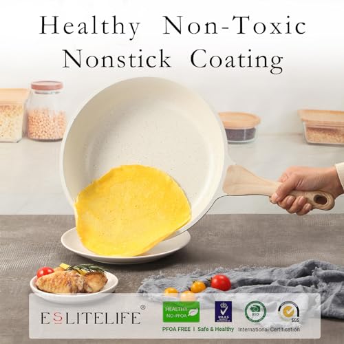 ESLITE LIFE Nonstick Ceramic Frying Pans Skillets Set, Non-Toxic Egg Omelette Kitchen Cooking Pans Compatible with All Stovetops (Gas, Electric & Induction), PTFE & PFOA Free (White)