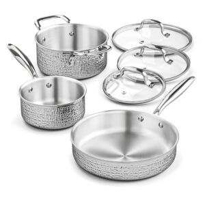 aufranc stainless steel pots and pans set with glass lid, 6pcs hammered cookware set, kitchen induction cooking pot and pan set suitable for all cooktops, oven & dishwasher safe, non-toxic (silver)