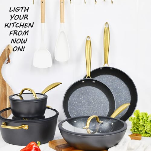 Non Stick Frying Pans Set with Lids, 10 & 11 Inch PFOA-Free Granite Coating Fry Pan, 4 PCS Skillet Sets for Cooking, Stainless Steel Handle Chef’s Pan, Gas Stove Top Induction, Oven Dishwasher Safe