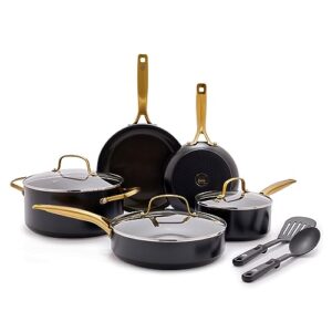 blue diamond gold 10 piece cookware set,ceramic nonstick, pfas free, pfoa free, induction suitable, dishwasher safe, gold handle, black