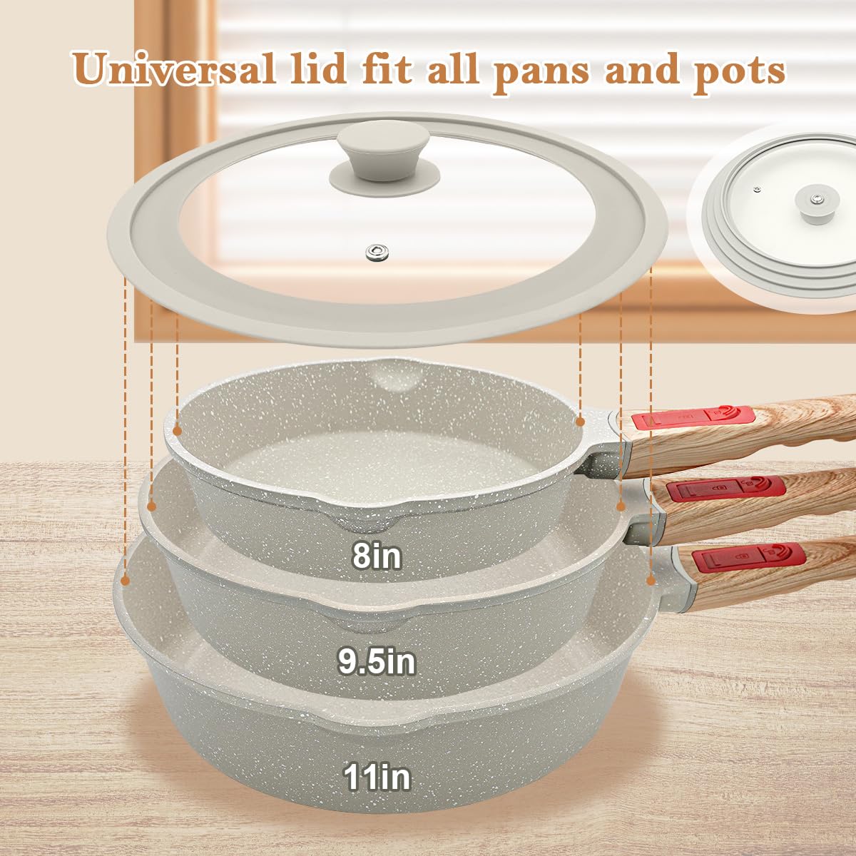 Bobikuke 5 Pcs Nonstick Deep Frying Pan Set with Removable Handle, 8"&9.5" &11" Granite Coating Non stick Skillets Cookware Set with Universal Lid, Oven& Dishwasher Safe (White)