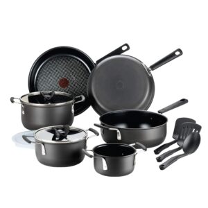 t-fal all in one hard anodized nonstick cookware set 12 piece pots and pans, dishwasher safe black