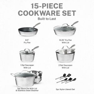 Granitestone 15 Pc Hammered Kitchen Pots and Pans Set Non Stick, Pot and Pan Set, Kitchen Cookware Sets, Induction Cookware Set, Non Stick Pots and Pan Set with Lids, Pot Set, Dishwasher Safe, White