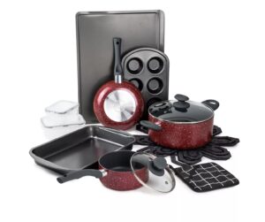 brooklyn venus nonstick aluminum cookware set 16 piece pots and pans with glass lid, dishwasher safe red