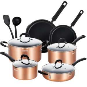 eppmo nonstick 12 pieces cookware set, copper pots and pans with stay cool silicone handle, dishwasher safe & induction compatible