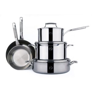 saveur selects 8-piece tri-ply stainless steel cookware set, 5 essential pots and pans, 3 interchangeable lids, induction-ready, dishwasher safe, voyage series