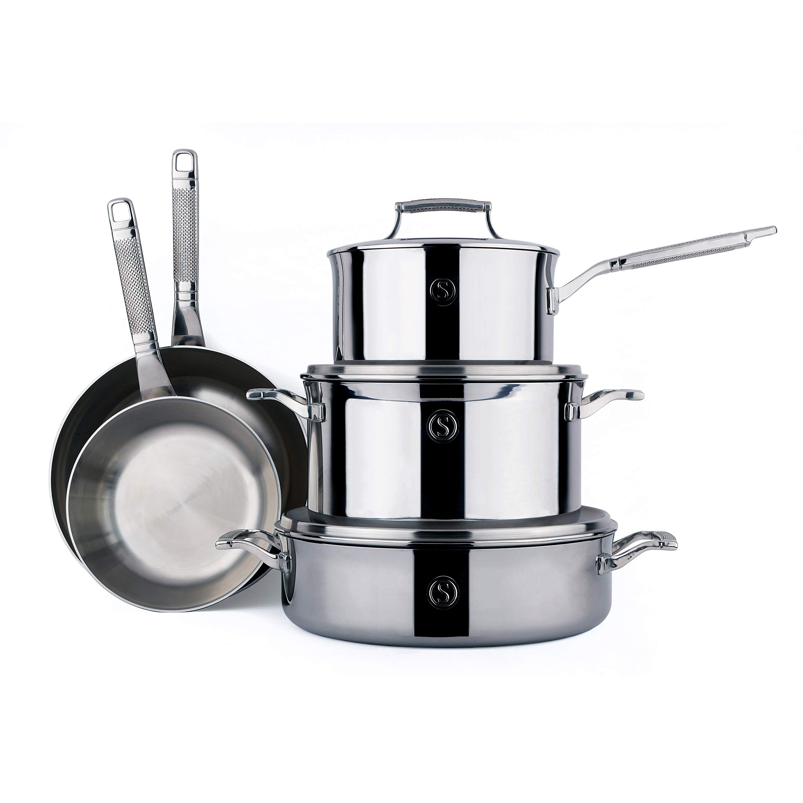 SAVEUR SELECTS 8-piece Tri-ply Stainless Steel Cookware Set, 5 Essential Pots and Pans, 3 Interchangeable Lids, Induction-ready, Dishwasher Safe, Voyage Series