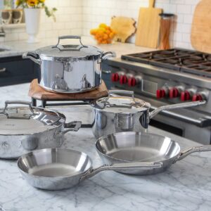 SAVEUR SELECTS 8-piece Tri-ply Stainless Steel Cookware Set, 5 Essential Pots and Pans, 3 Interchangeable Lids, Induction-ready, Dishwasher Safe, Voyage Series