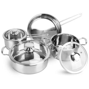 magnificia stainless steel cookware set, fast even heat induction pots pans set, dishwasher safe with 2.7 3.7 quart stockpot 2 quart saucepan 9.17in frying pan