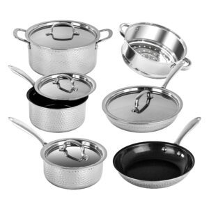 granitestone stainless steel pots and pans set nonstick, 10 pc ceramic kitchen cookware set, induction capable, long lasting nonstick, hammered design, cool handles, dishwasher safe, 100% toxin free