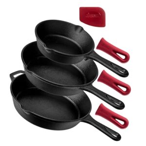 cuisinel cast iron skillets set - 3-piece: 6" + 8" + 10"-inch chef frying pans - pre-seasoned cookware + 3 silicone handle cover grips - use indoor/outdoor, grill, stove, bbq, fire, oven