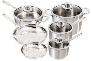 swiss diamond premium clad 5-ply stainless steel 10 piece cookware set with satin exterior finish, induction compatible stainless steel pots and pans set - oven and dishwasher safe