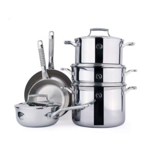 saveur selects 10-piece tri-ply stainless steel cookware set, 6 essential pots and pans, 4 interchangeable lids, induction-ready, dishwasher safe, voyage series