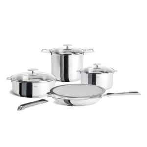 cristel, 18-10 stainless steel 12-piece set, 5-ply construction, with the exception of the stockpot (3-ply), dishwasher oven safe, all hobs + induction, casteline collection, made in france.