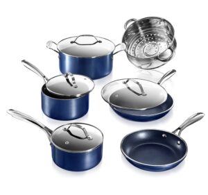 granitestone 10 pc pots and pans set non stick cookware set, kitchen cookware sets, pot and pan set, pot set, diamond coated nonstick cookware set with lids, non toxic, dishwasher safe, blue…