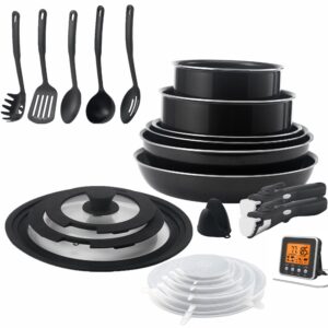 lzteck 24 pieces non-stick cookware set with meat thermometer,stackable pans and pots set, removable handles cookware set, for rvs and camping,induction,dishwasher safe