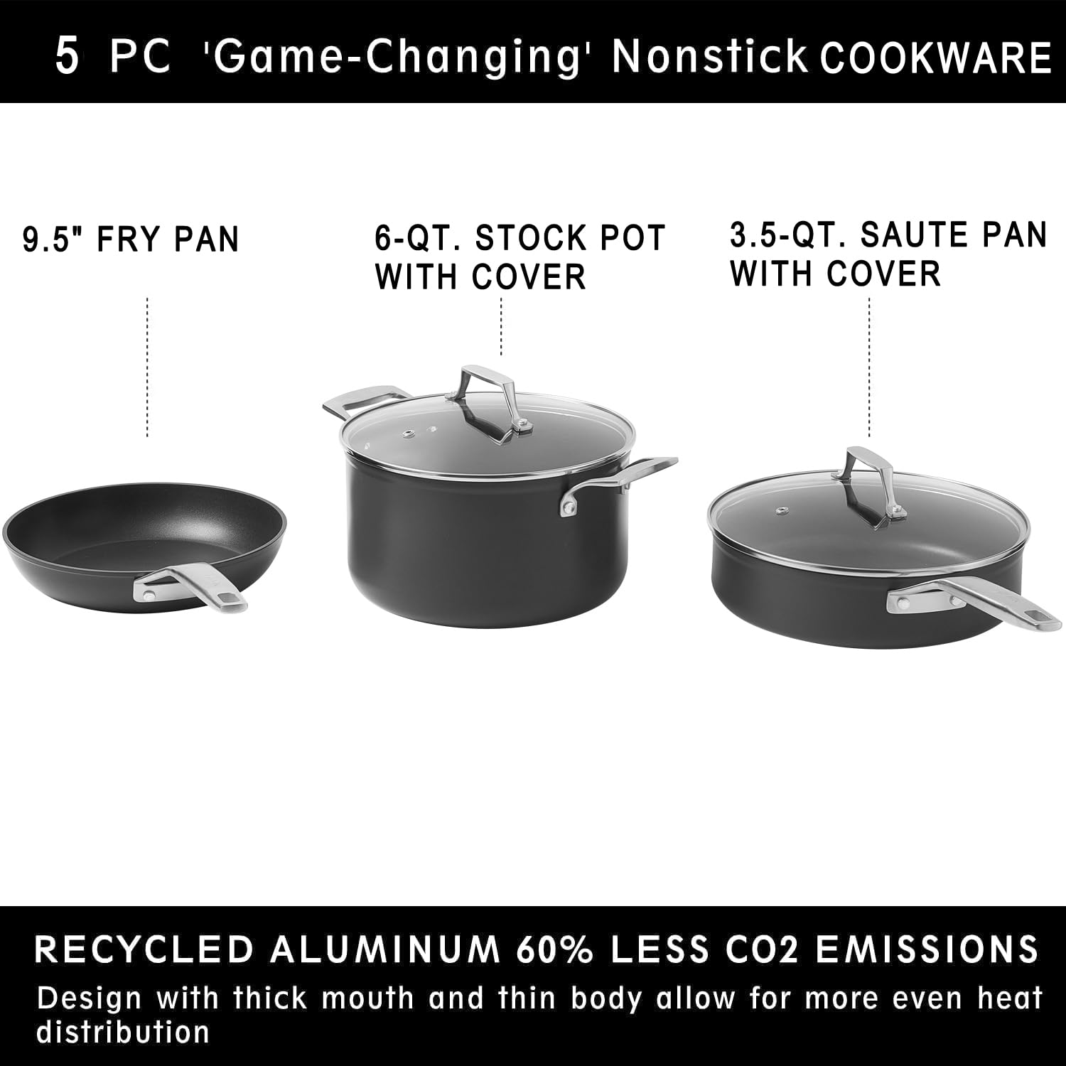 MSMK 5-Piece Pots and Pans set, Durable Non Stick Coating From USA, Kitchen Cookware sets, even heating, comfortable handling, Induction Compatibility for Home Cooking, Oven Safe, Dishwasher Safe