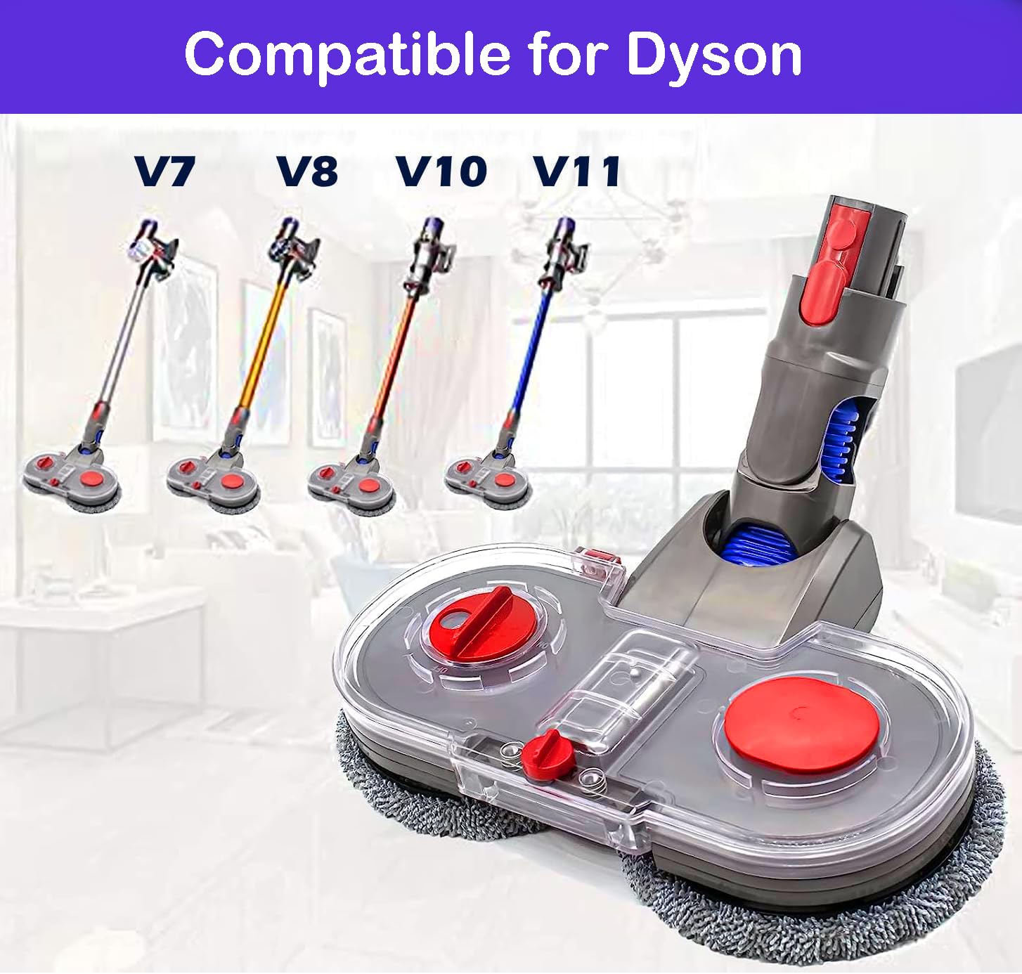 SCREENTRONICS Electric Mop Head with Removable Water Tank Attachment Compatible Replacement for Dyson V7 V8 V10 V11 Vacuum Cleaner (6 Reusable Mop Pads, Cup and Trigger Lock)