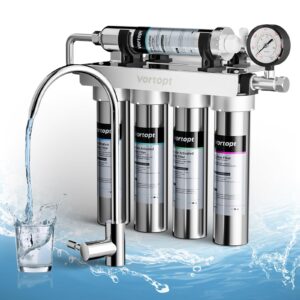 vortopt under sink water filtration system-nsf&cec certified,stainless steel water filter, real-time pressure gauge,0.01μm kitchen undersink water filtration,retain beneficial minerals,u1(5 filters)