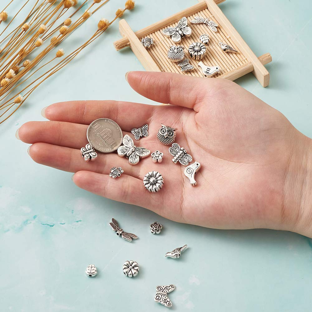 Cheriswelry 150pcs 15styles Tibetan Silver Butterfly Flower Beads Spacer Antique Silver Dragonfly Insect Bird Bee Beads Charms Loose Beads for Women Rosary Jewelry Making Supplies