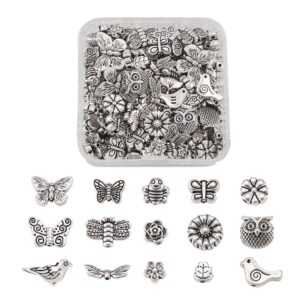 cheriswelry 150pcs 15styles tibetan silver butterfly flower beads spacer antique silver dragonfly insect bird bee beads charms loose beads for women rosary jewelry making supplies