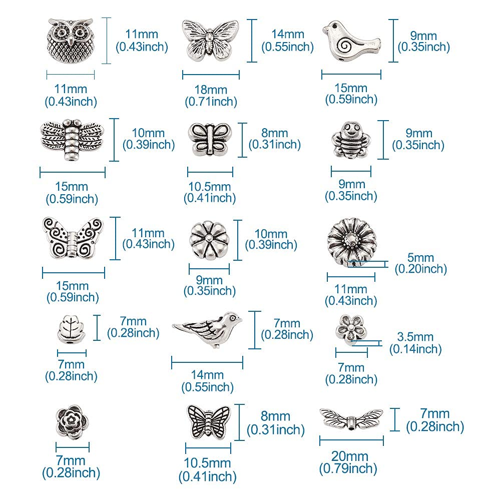 Cheriswelry 150pcs 15styles Tibetan Silver Butterfly Flower Beads Spacer Antique Silver Dragonfly Insect Bird Bee Beads Charms Loose Beads for Women Rosary Jewelry Making Supplies