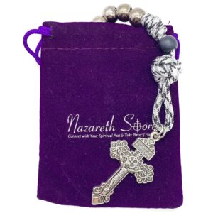 Nazareth Store One Decade Black & White Paracord Rosary Dark Silver Beads Pocket Car Rosary Protection Miraculous Medal & Jesus Crucifix