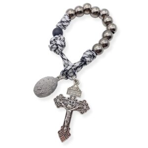 Nazareth Store One Decade Black & White Paracord Rosary Dark Silver Beads Pocket Car Rosary Protection Miraculous Medal & Jesus Crucifix