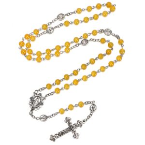 rnivida catholic rosary necklace for women,yellow rosary beads necklace,catholic prayer crucifix virgin mary oval pendant medallion spiritual jewelry