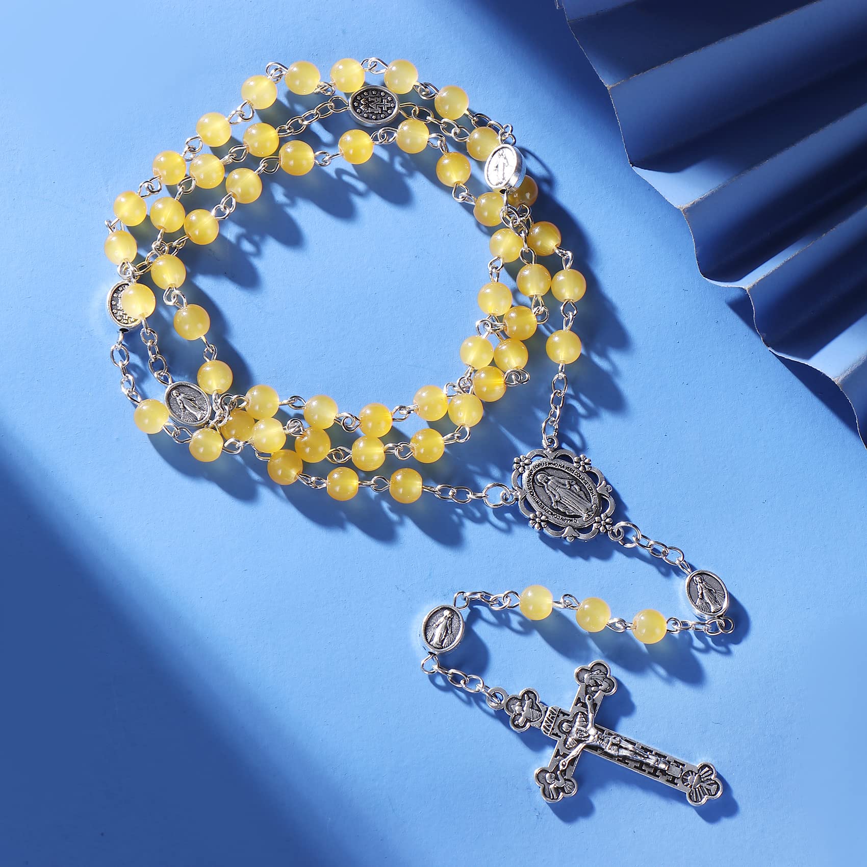 Rnivida Catholic Rosary Necklace for Women,Yellow Rosary Beads Necklace,Catholic Prayer Crucifix Virgin Mary Oval Pendant Medallion Spiritual Jewelry