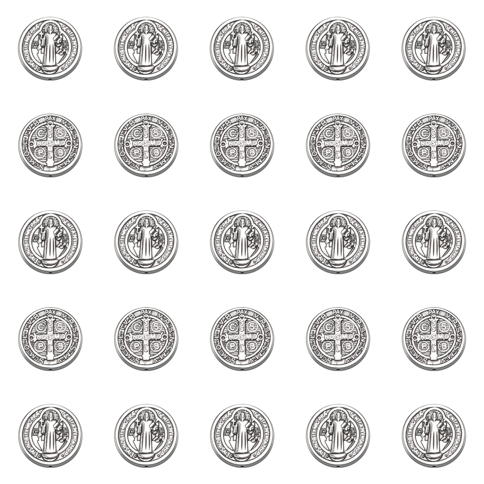 60Pcs Alloy Jesus Cross Saint Benedict Medal Religious Spacer Beads Charms Flat Round Double-Sided Loose Beads For DIY Catholic Rosary Beads Necklace Bracelet Jewelry Making