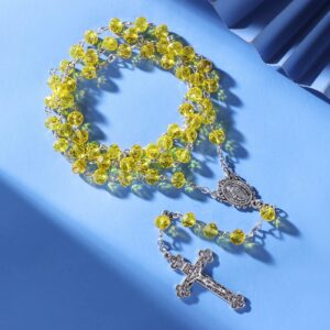 Catholic Rosary Yellow Crystal Beads Necklace with with Miraculous Medal Cross Crucifix Rosaries Communion Rosary