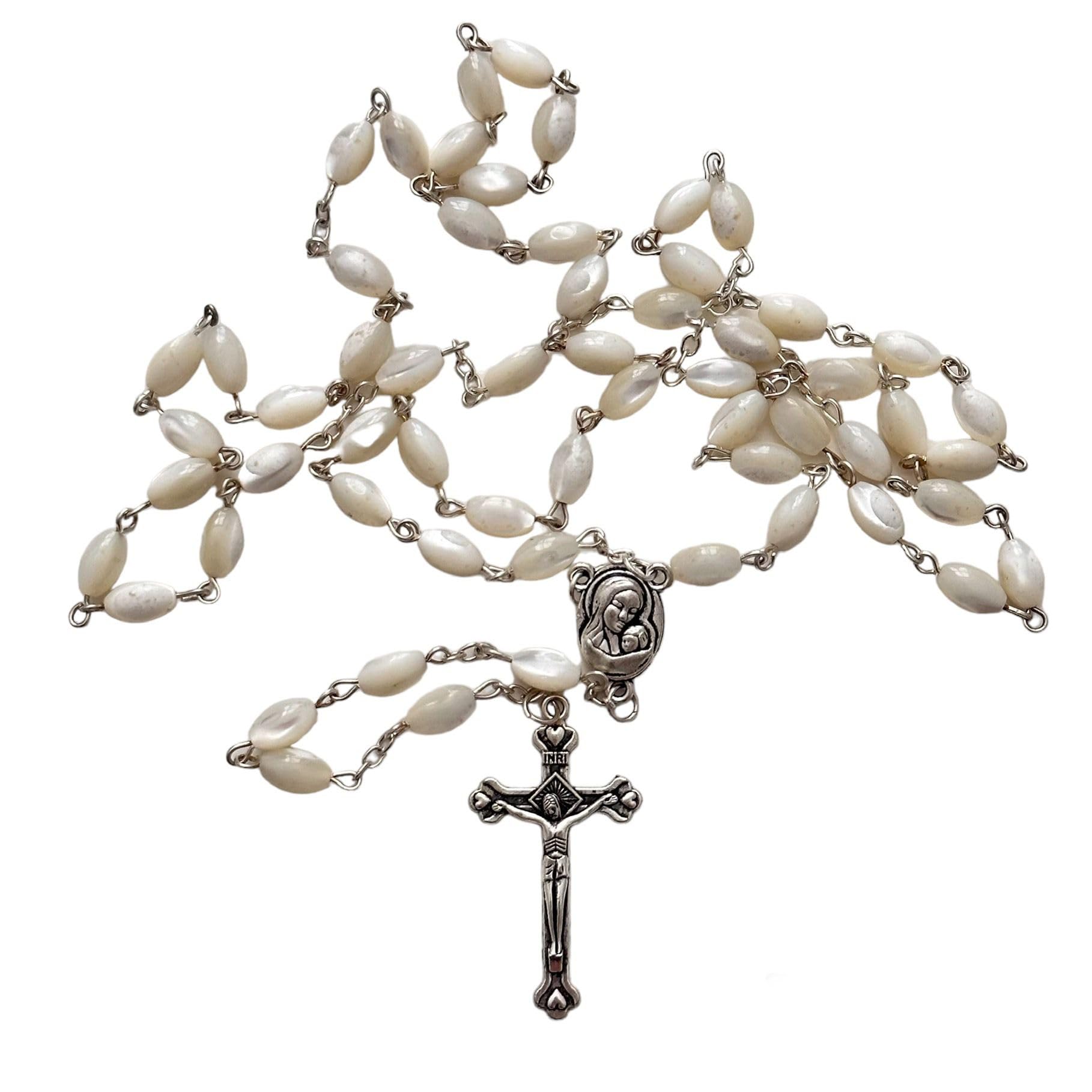 Spring Nahal Catholic Mother of Pearl Glass Crystal Rosary Necklace - Holy Wooden Beads with Silver Cross for Men and Women - From from Jerusalem