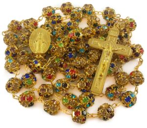 nazareth store gold plated rosary necklace with colorful crystallized beads miraculous medal cross crucifix