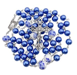 nazareth store blue pearl beads rosary white flowers beaded necklace lourdes medal & cross crucifix