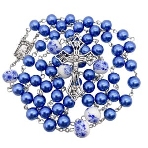 Nazareth Store Blue Pearl Beads Rosary White Flowers Beaded Necklace Lourdes Medal & Cross Crucifix