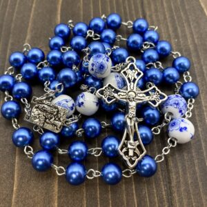 Nazareth Store Blue Pearl Beads Rosary White Flowers Beaded Necklace Lourdes Medal & Cross Crucifix