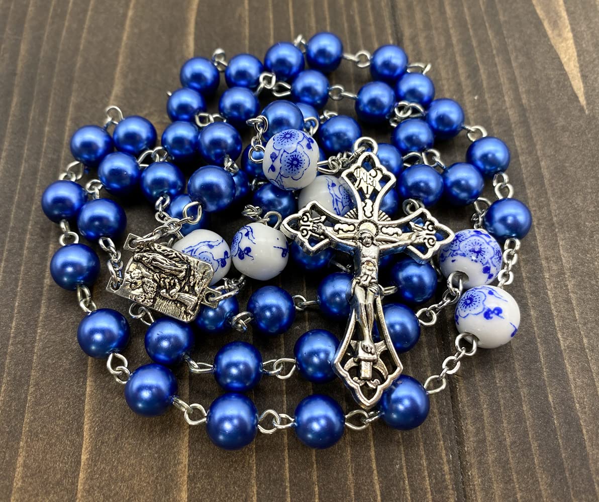 Nazareth Store Blue Pearl Beads Rosary White Flowers Beaded Necklace Lourdes Medal & Cross Crucifix