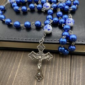 Nazareth Store Blue Pearl Beads Rosary White Flowers Beaded Necklace Lourdes Medal & Cross Crucifix