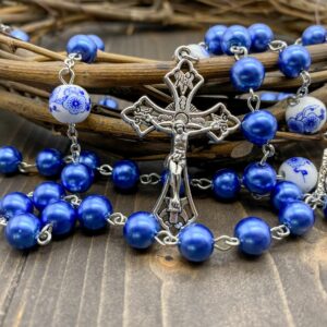 Nazareth Store Blue Pearl Beads Rosary White Flowers Beaded Necklace Lourdes Medal & Cross Crucifix