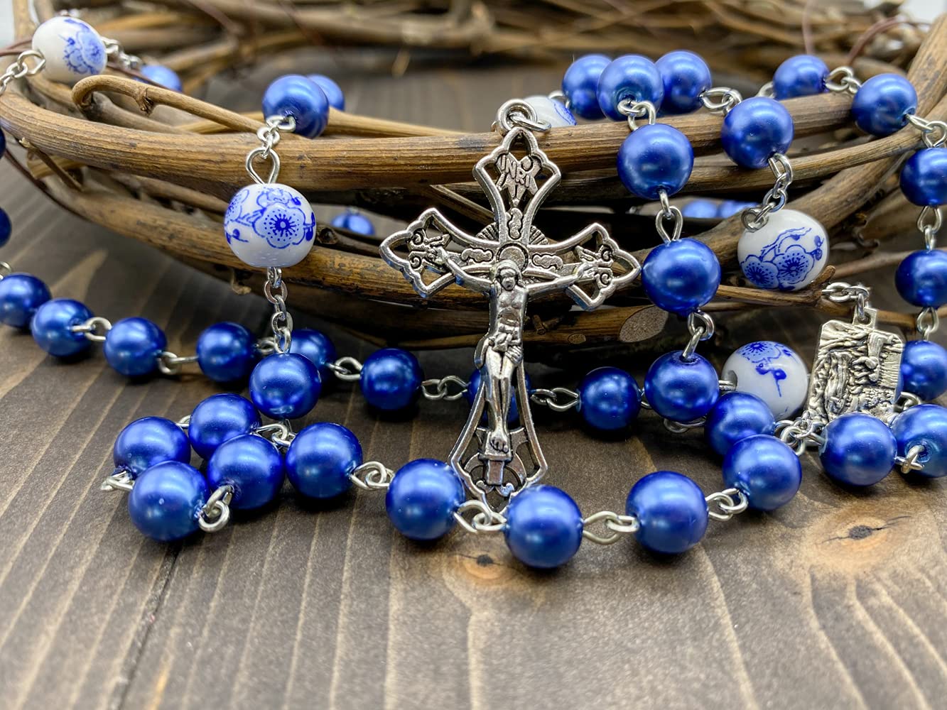 Nazareth Store Blue Pearl Beads Rosary White Flowers Beaded Necklace Lourdes Medal & Cross Crucifix