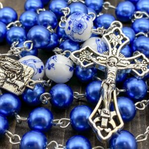 Nazareth Store Blue Pearl Beads Rosary White Flowers Beaded Necklace Lourdes Medal & Cross Crucifix