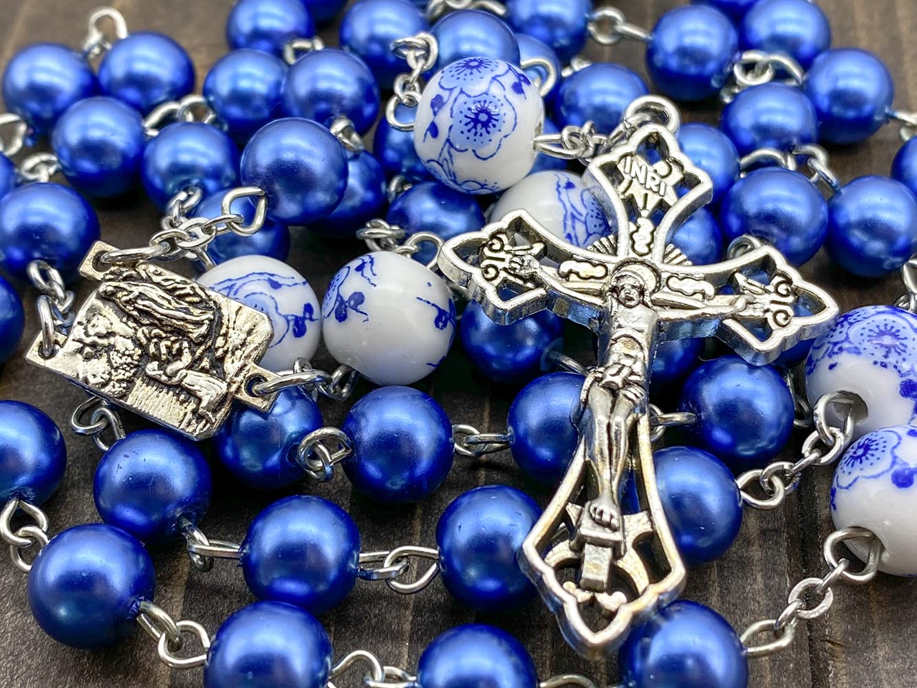 Nazareth Store Blue Pearl Beads Rosary White Flowers Beaded Necklace Lourdes Medal & Cross Crucifix