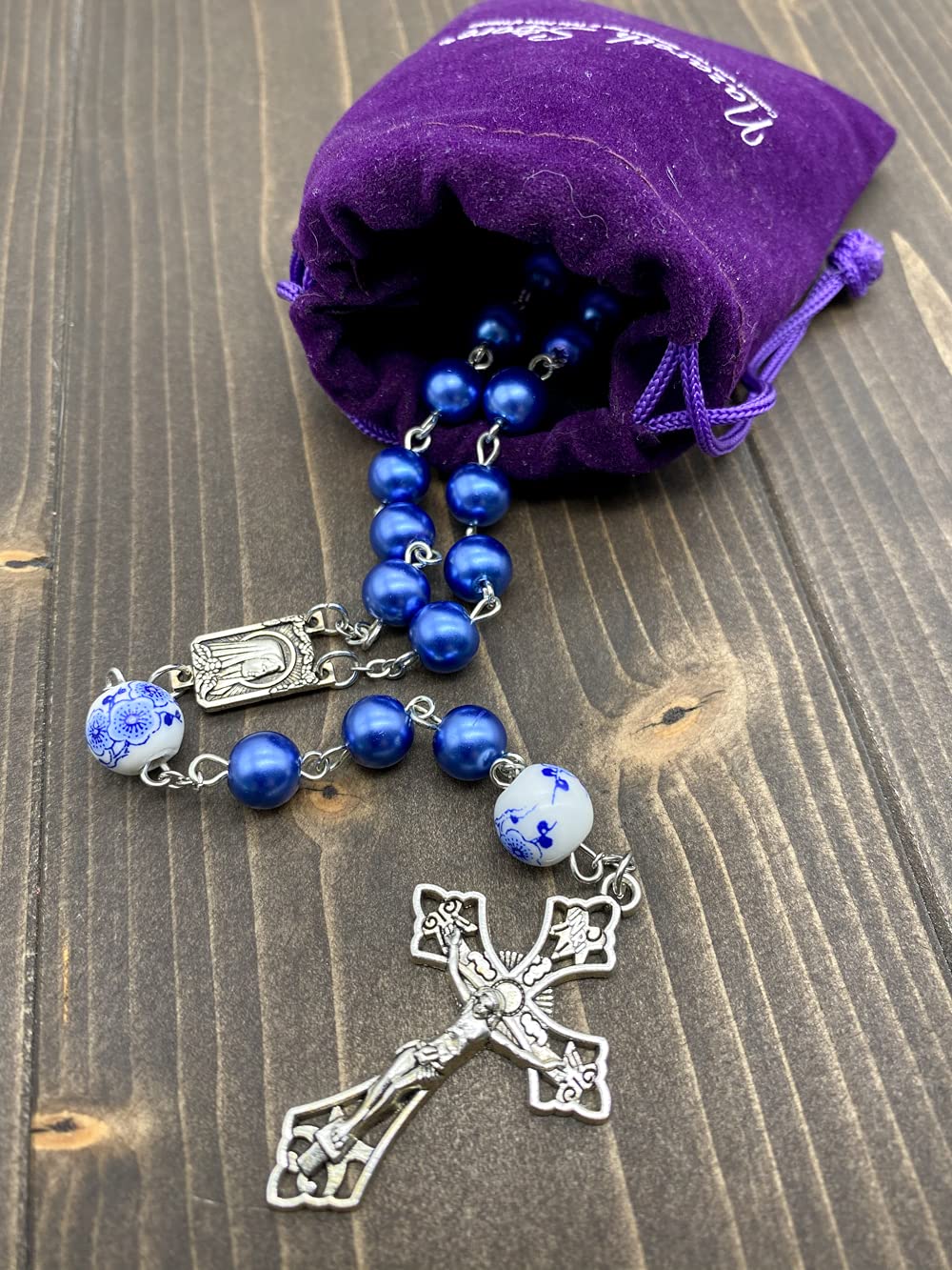 Nazareth Store Blue Pearl Beads Rosary White Flowers Beaded Necklace Lourdes Medal & Cross Crucifix