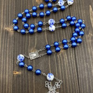 Nazareth Store Blue Pearl Beads Rosary White Flowers Beaded Necklace Lourdes Medal & Cross Crucifix