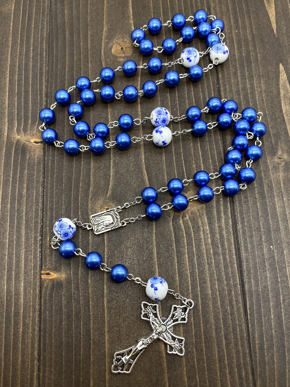 Nazareth Store Blue Pearl Beads Rosary White Flowers Beaded Necklace Lourdes Medal & Cross Crucifix