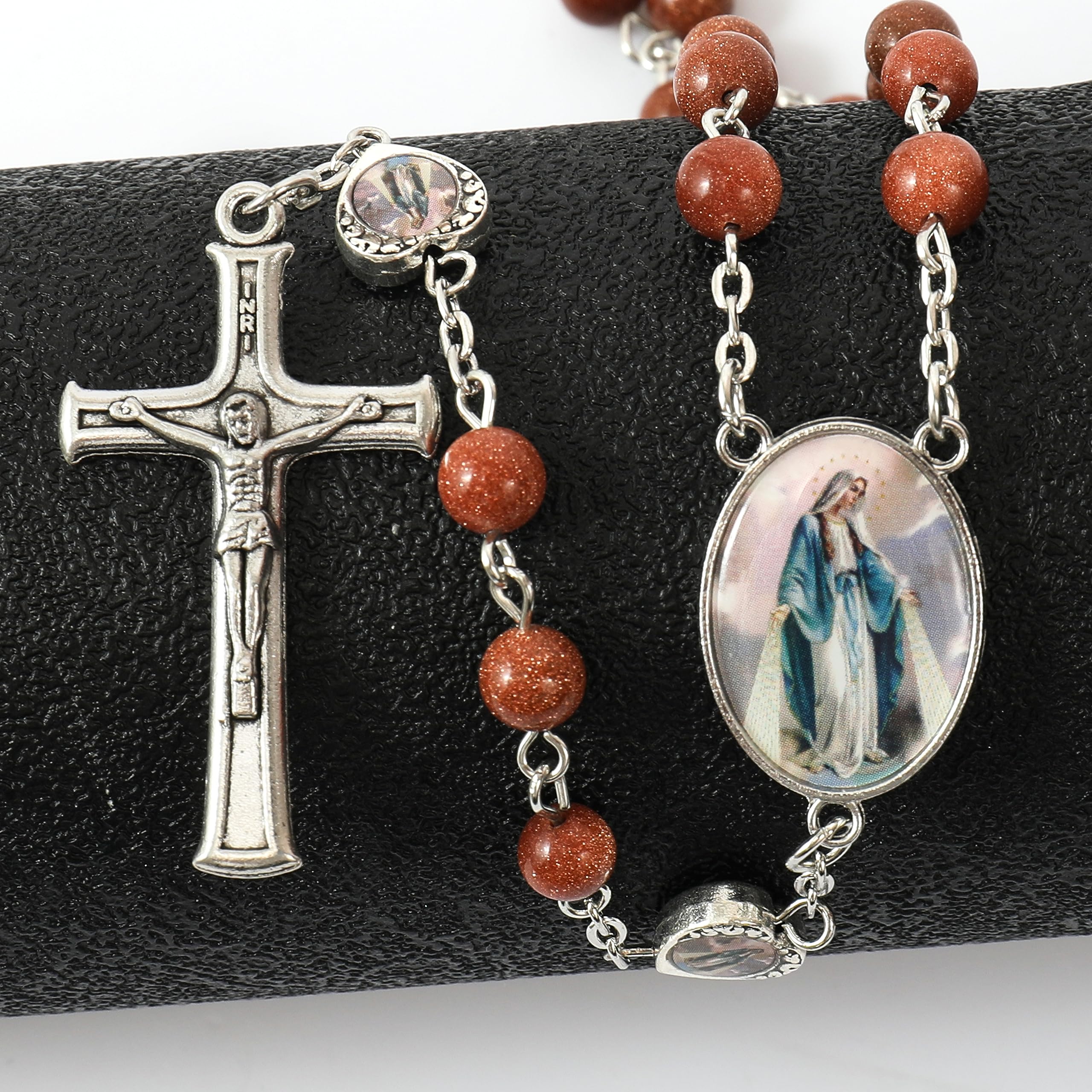 Nazareth Store Natural Goldstone Beads with Miraculous Epoxy Heart Metal Beads Rosary Necklace Gemstone Christian Gifts