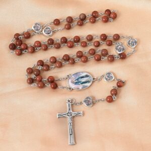 Nazareth Store Natural Goldstone Beads with Miraculous Epoxy Heart Metal Beads Rosary Necklace Gemstone Christian Gifts