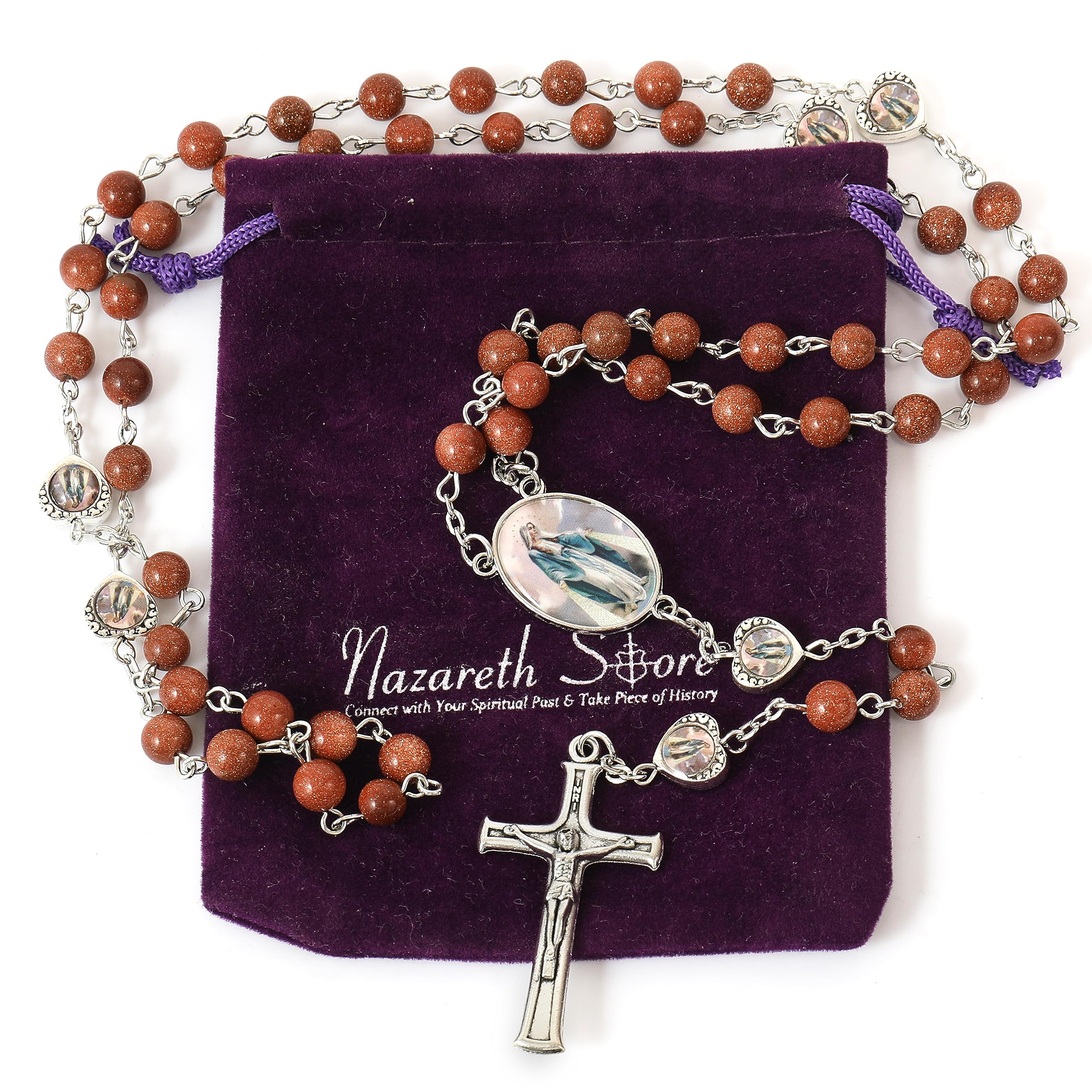 Nazareth Store Natural Goldstone Beads with Miraculous Epoxy Heart Metal Beads Rosary Necklace Gemstone Christian Gifts